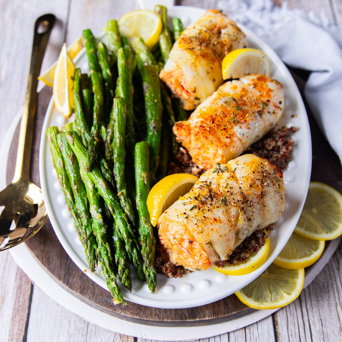 Stuffed Orange Roughy With Lemon Garlic Quinoa & Roasted Asparagus ...